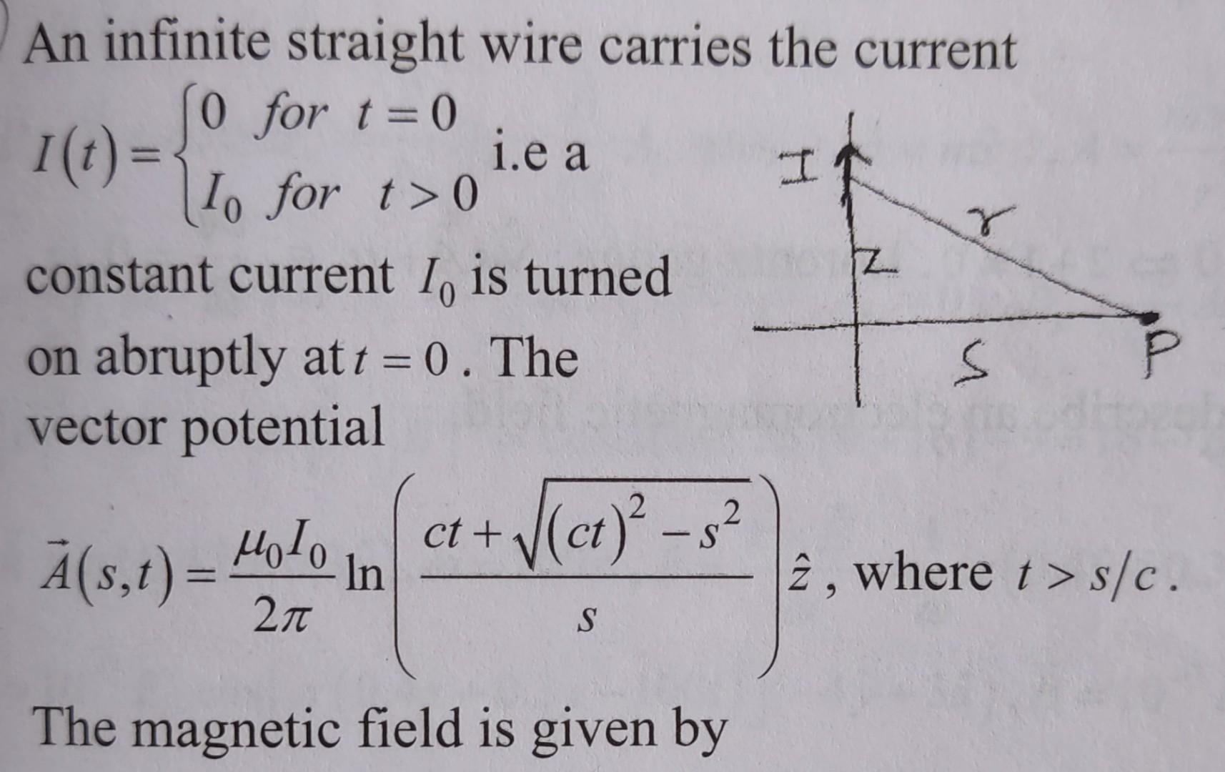 Solved An infinite straight wire carries the current I(t)={0 | Chegg.com