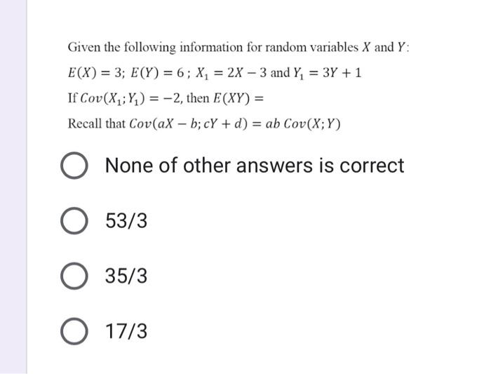 Solved Given the following information for random variables | Chegg.com