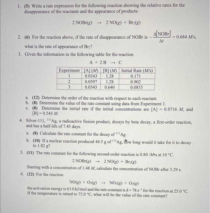 Solved 1. (5) Write a rate expression for the following | Chegg.com