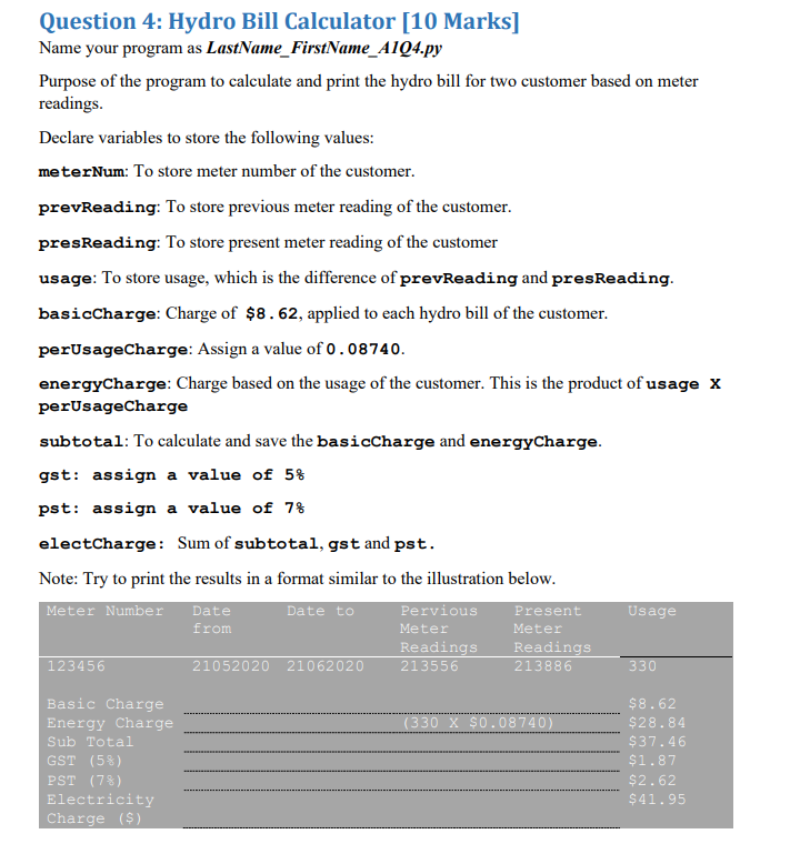 Solved Question 4: Hydro Bill Calculator [10 ﻿Marks]Name | Chegg.com