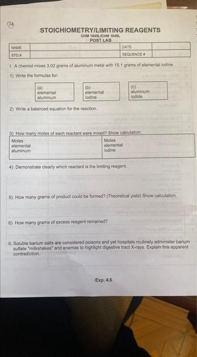 STOICHIOMETRYILIMITING REAGENTS crM tg45LEHM rouet. | Chegg.com