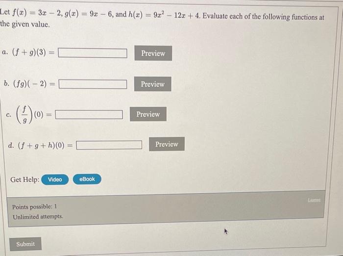 Solved et f(x)=3x−2,g(x)=9x−6, and h(x)=9x2−12x+4. Evaluate | Chegg.com