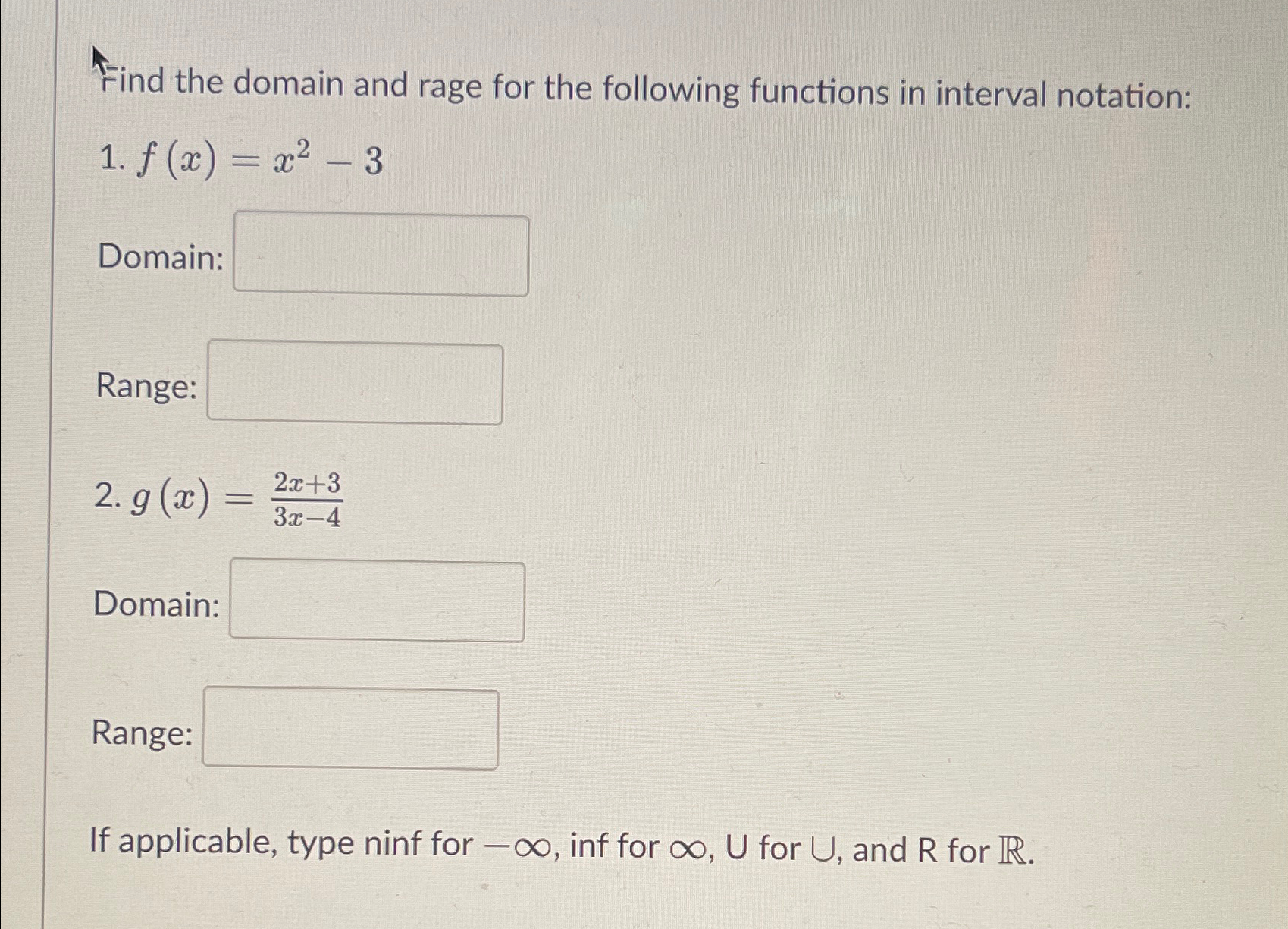 Find the domain and rage for the following functions | Chegg.com