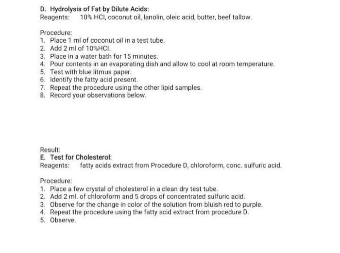 Solved D. Hydrolysis of Fat by Dilute Acids: Reagents: 10% | Chegg.com