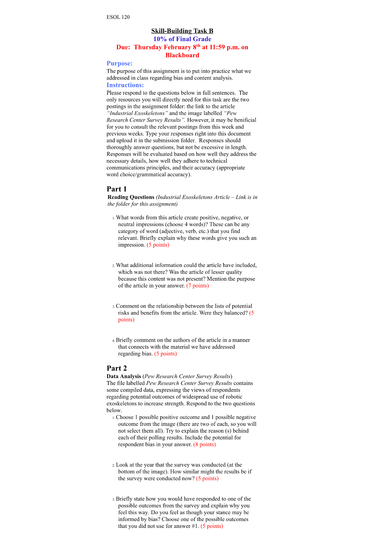 Solved ESOL 120Skill-Building Task B10% ﻿of Final GradeDue: | Chegg.com