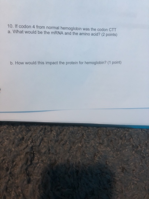 Solved 10. If codon 4 from normal hemoglobin was the codon | Chegg.com