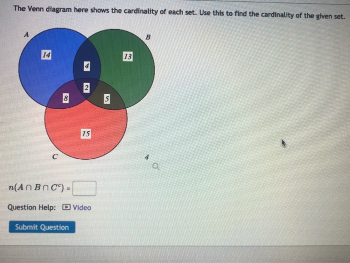 Solved The Venn diagram here shows the cardinality of each | Chegg.com