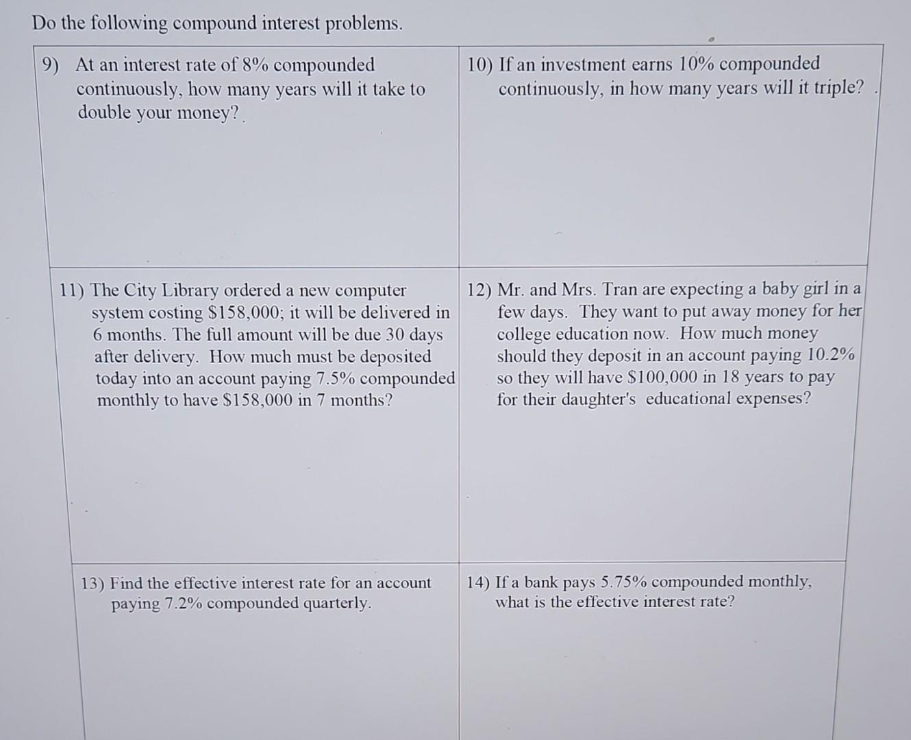 Solved Do the following compound interest problems. 9) At an | Chegg.com