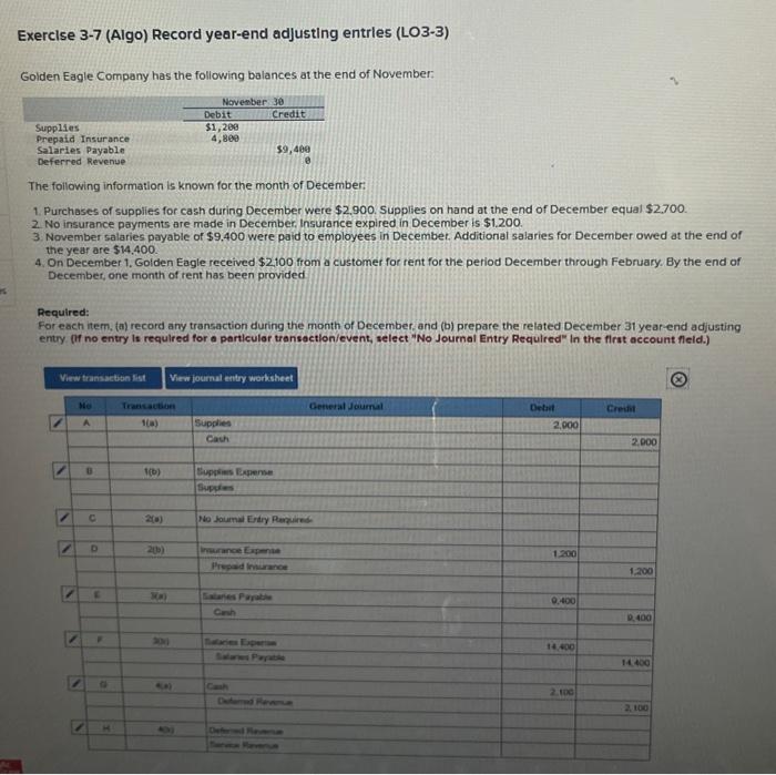 Solved Exerclse 3-7 (Algo) Record year-end adJusting entrles | Chegg.com