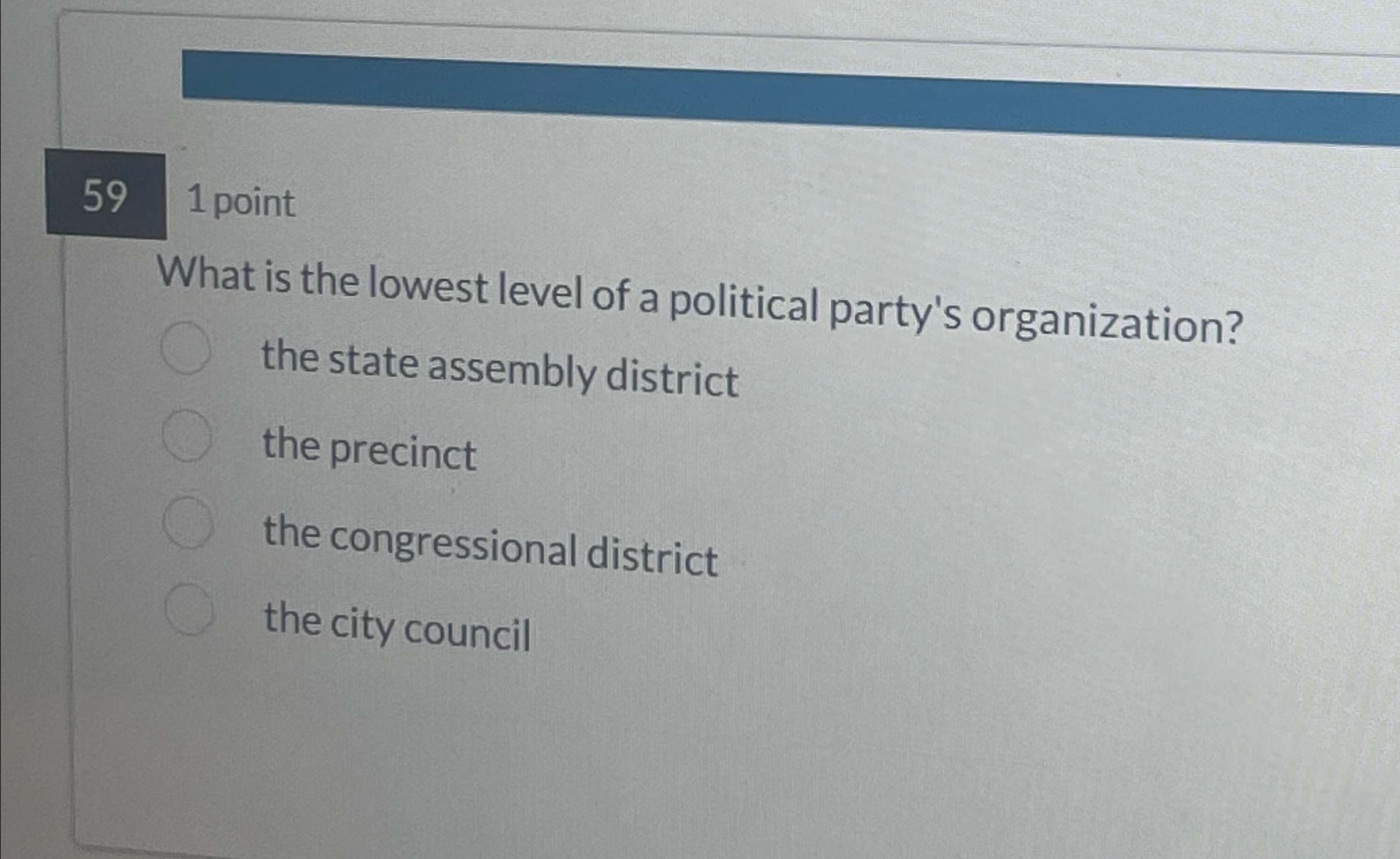Solved 1 ﻿pointWhat is the lowest level of a political | Chegg.com