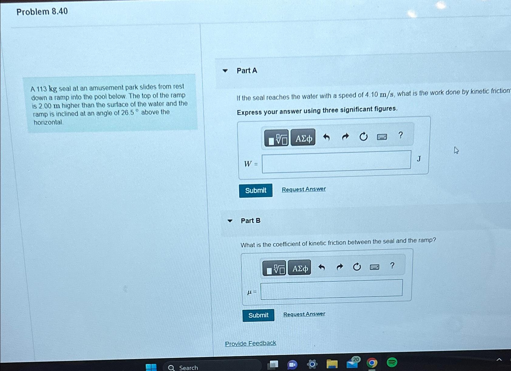 Solved Problem 8.40A 113kg ﻿seal at an amusement park slides | Chegg.com