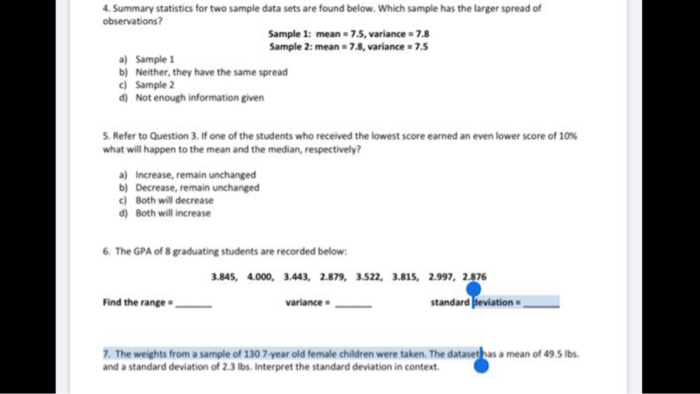 Solved 4. Summary statistics for two sample data sets are | Chegg.com