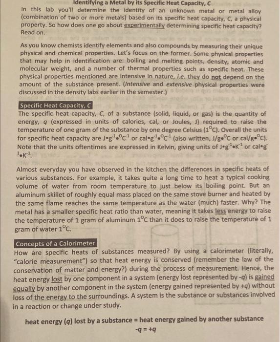 Identifying a Metal by its Specific Heat Capacity, C | Chegg.com