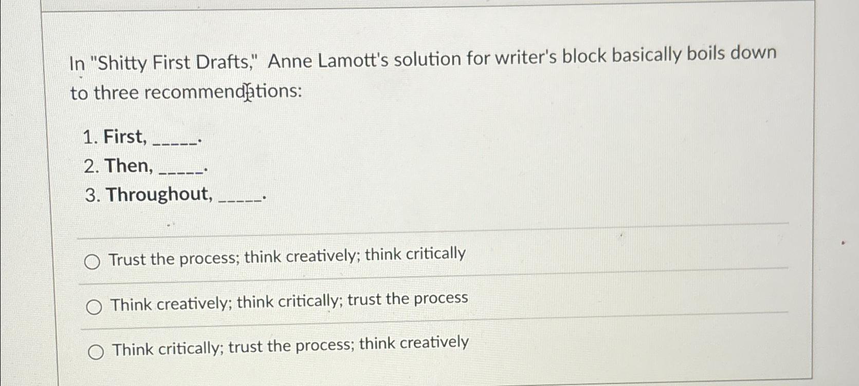 Solved In "Shitty First Drafts," Anne Lamott's solution for | Chegg.com