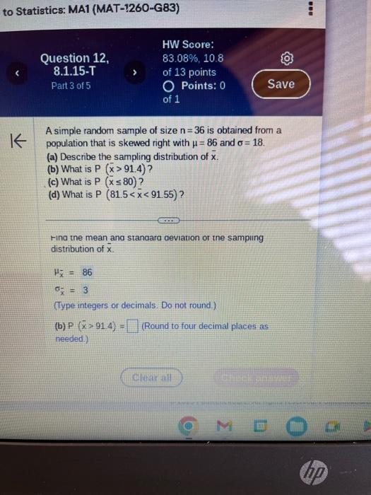to Statistics: MA1 (MAT-1260-G83) A simple random | Chegg.com