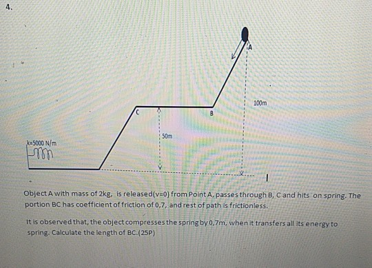 Solved 4. 100m 50m K-5000 N/m mm - Object A with mass of | Chegg.com