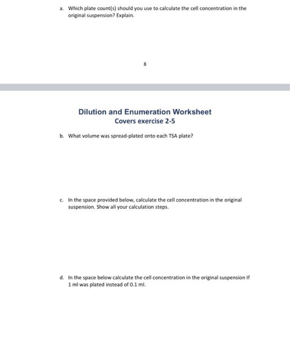 Solved Dilution and Enumeration Worksheet Covers exercise | Chegg.com