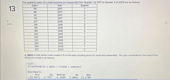 Solved a. (3pts) A time series linear model is fit to the | Chegg.com