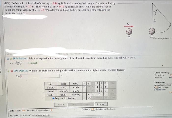 Solved (8%) Problem 9: A baseball of mass m1=0.44 kg is | Chegg.com