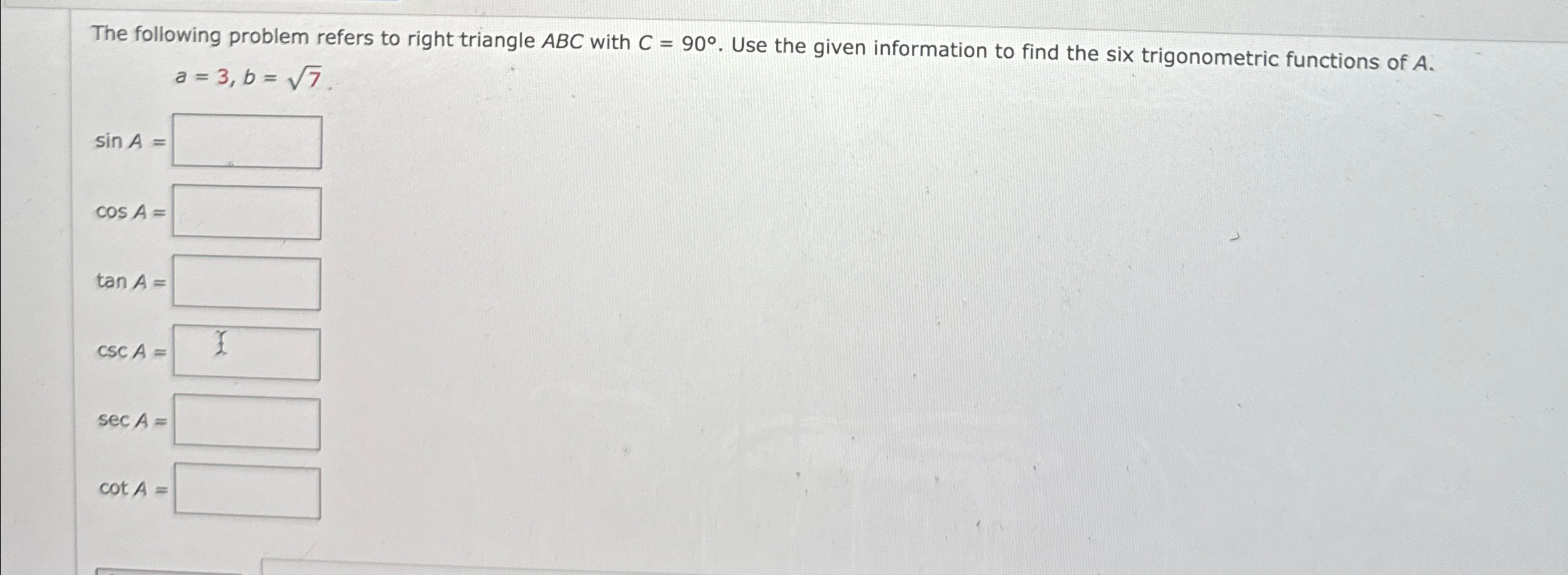 Solved The following problem refers to right triangle ABC | Chegg.com