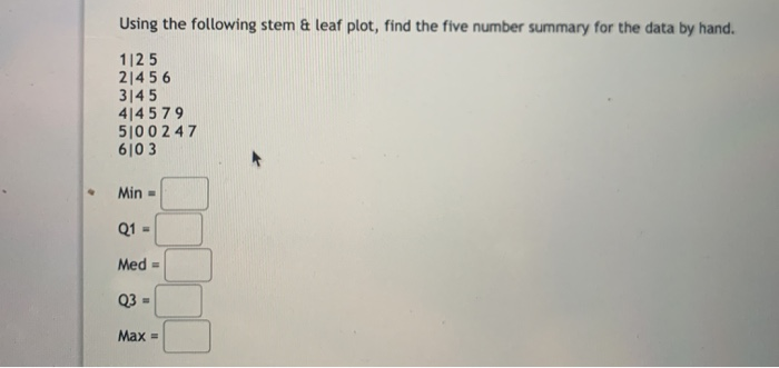 Solved Using the following stem & leaf plot, find the five | Chegg.com