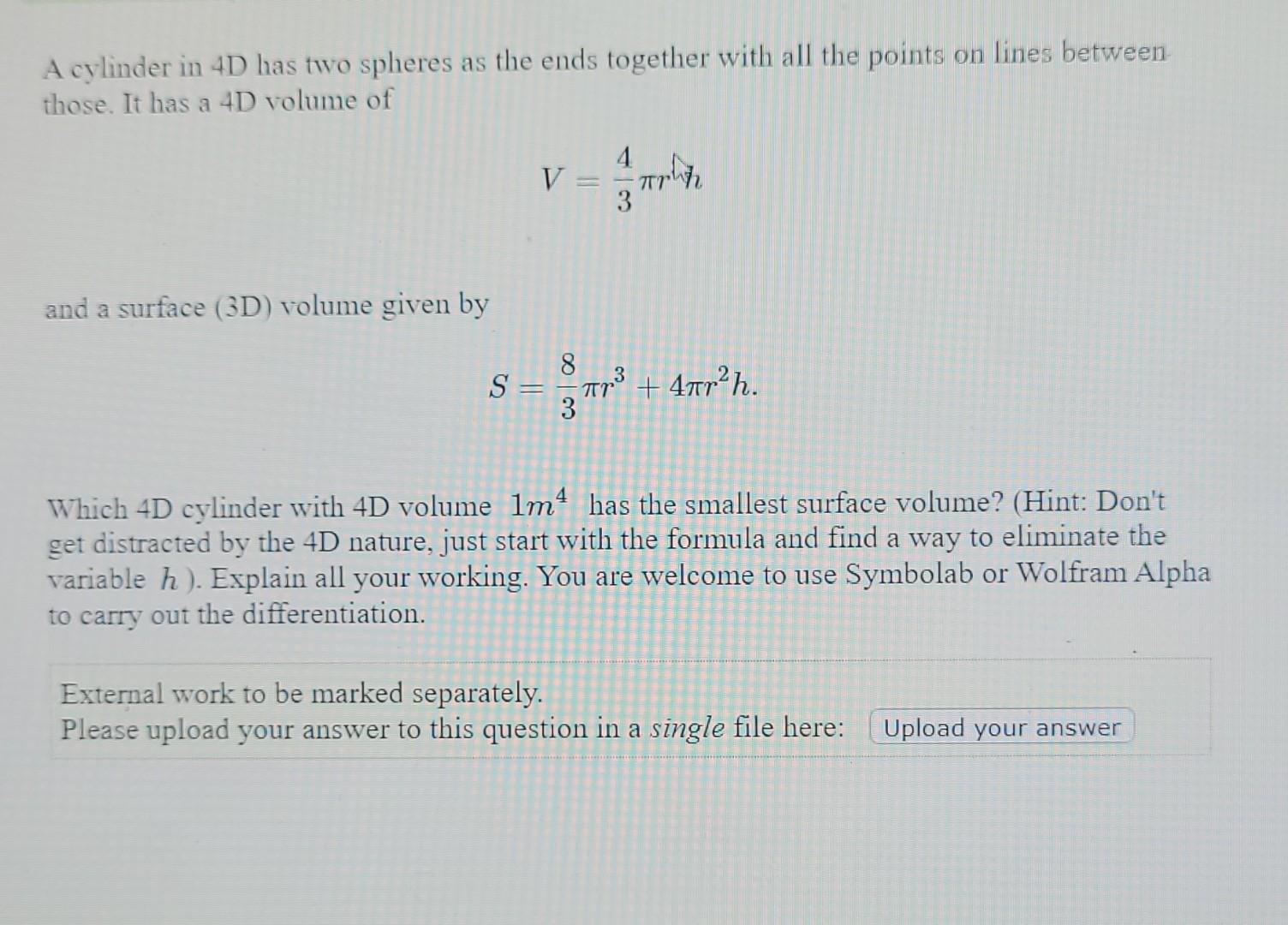 Solved A cylinder in 4D has two spheres as the ends together | Chegg.com