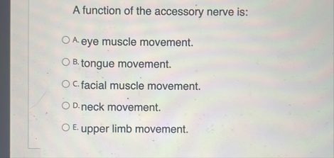 Solved A function of the accessory nerve is:A. ﻿eye muscle | Chegg.com