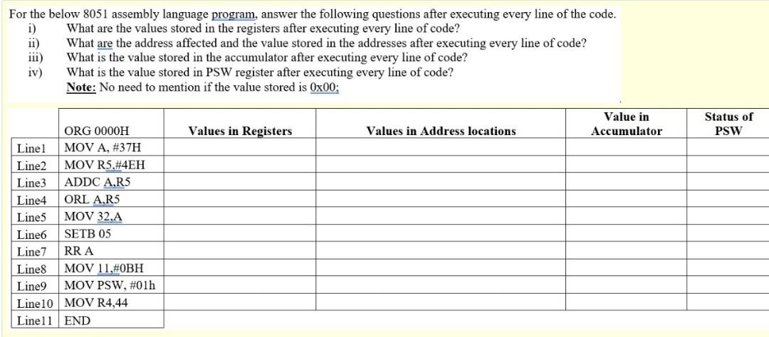 Solved For the below 8051 assembly language program, answer | Chegg.com