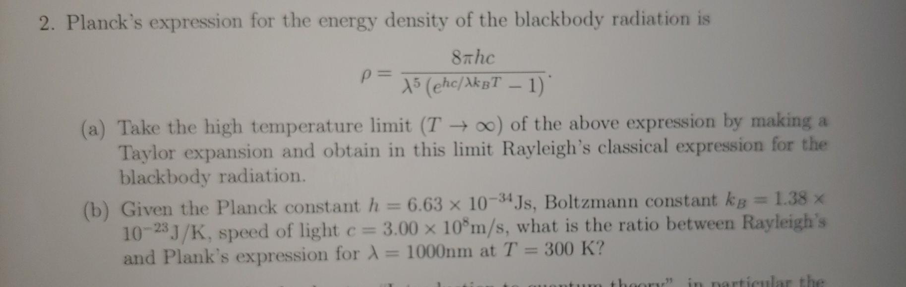 Solved 2. Planck's expression for the energy density of the | Chegg.com