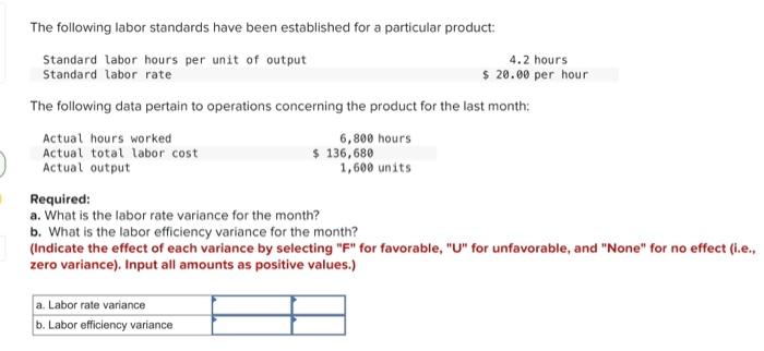 Solved The following labor standards have been established | Chegg.com