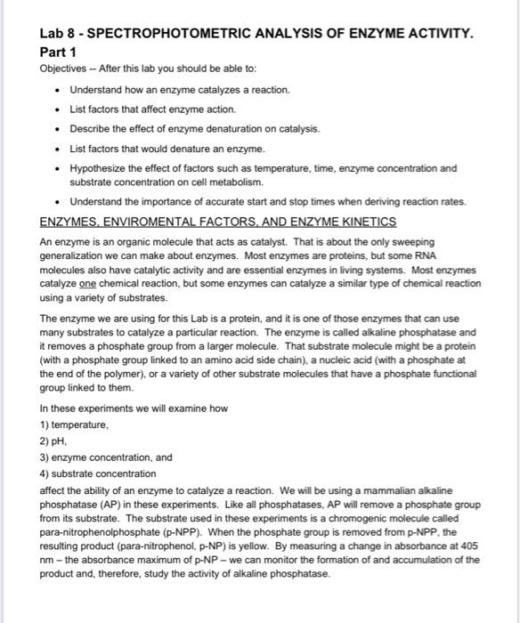 Lab 8 - SPECTROPHOTOMETRIC ANALYSIS OF ENZYME | Chegg.com