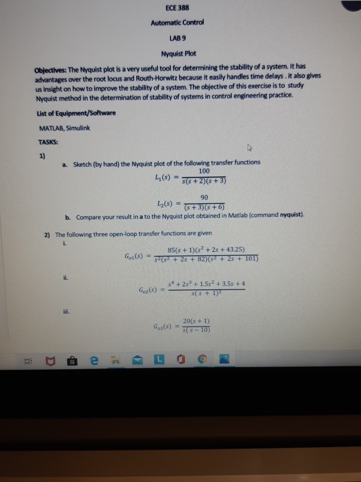 ECE 388 Automatic Control LAB 9 Nyquist Plot | Chegg.com
