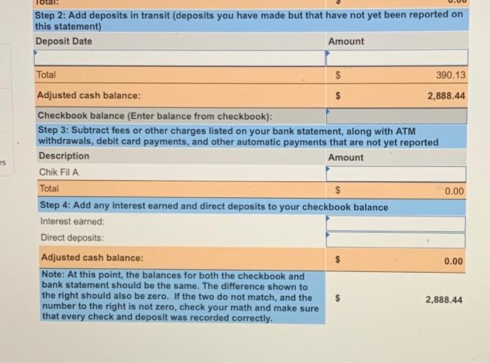 Solved Checking Account Reconciliation Statement date: | Chegg.com