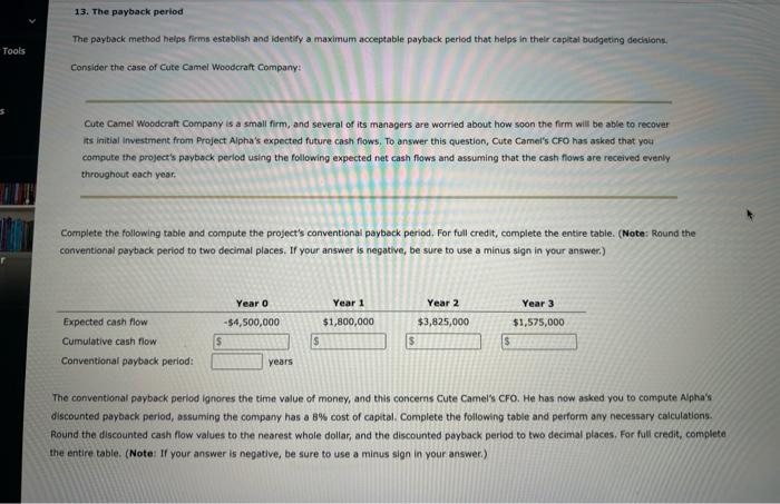 Solved 13. The payback period The payback method helps fims | Chegg.com