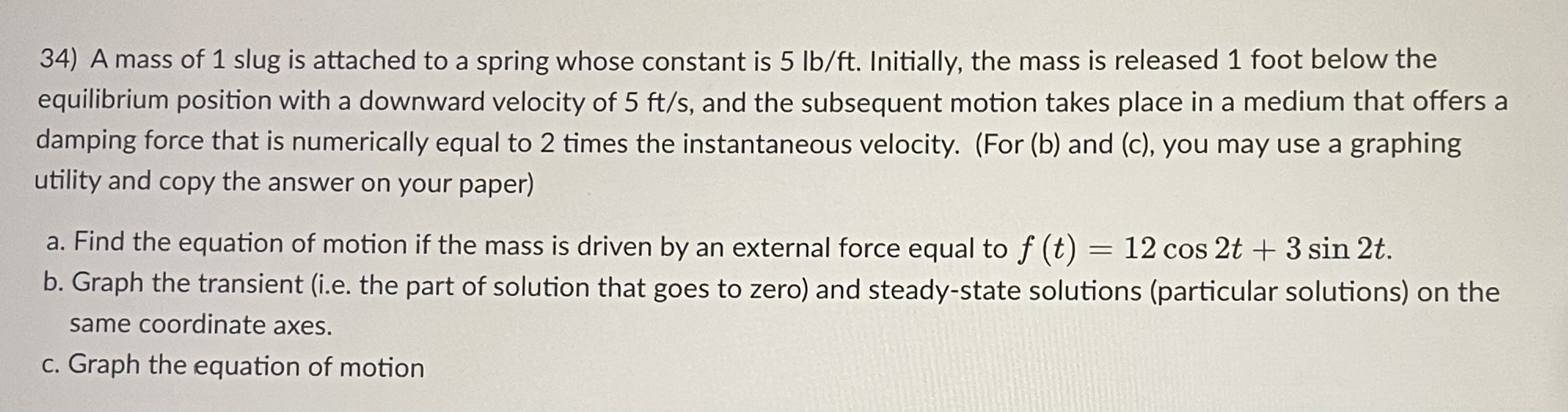 A mass of 1 ﻿slug is attached to a spring whose | Chegg.com