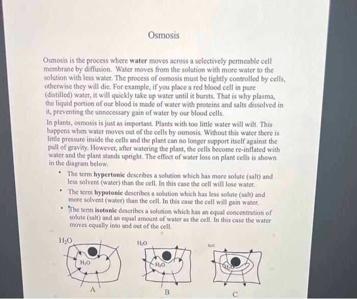 Solved Osmosis Osmosis is the process where water moves | Chegg.com