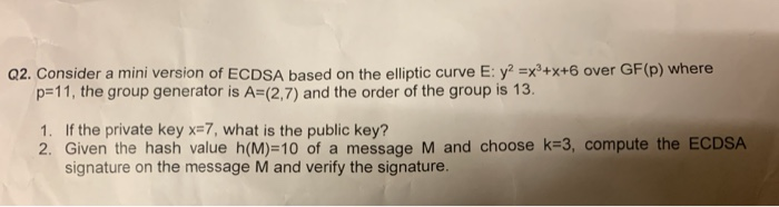 Solved Q2. Consider a mini version of ECDSA based on the | Chegg.com