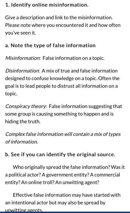 1. Identify online misinformation. Give a description | Chegg.com