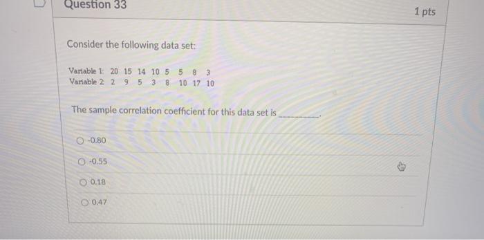 Solved Question 33 1 pts Consider the following data set: | Chegg.com