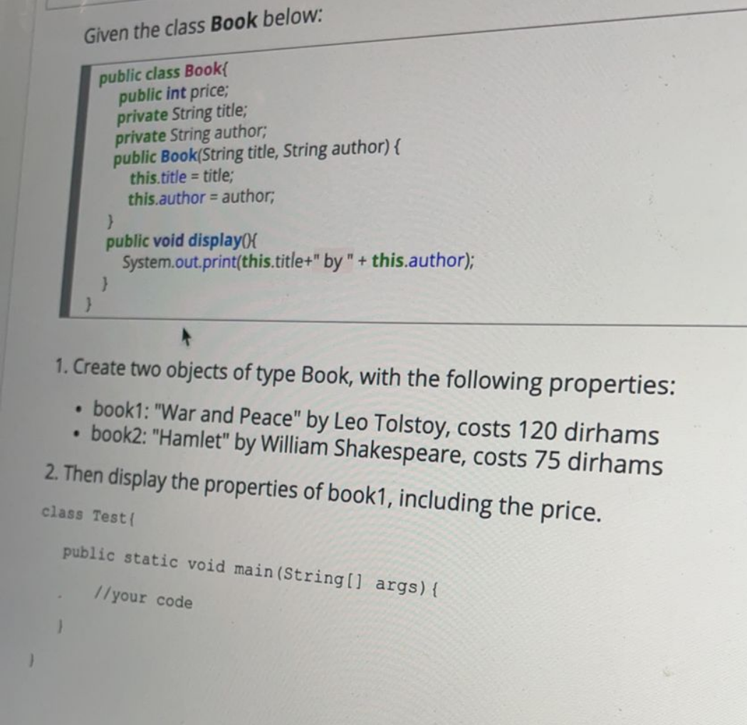 Solved Given the class Book below: public class Book public | Chegg.com