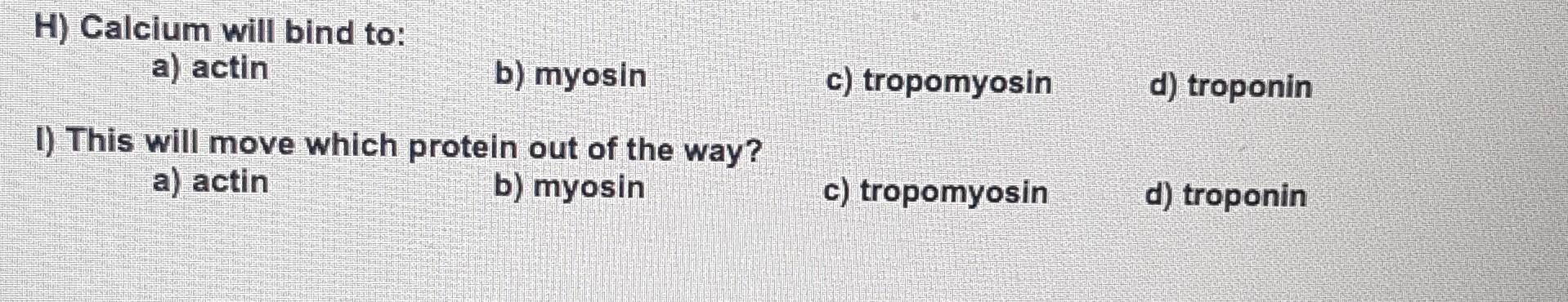 Solved H) Calcium will bind to: a) actin b) myosin c) | Chegg.com