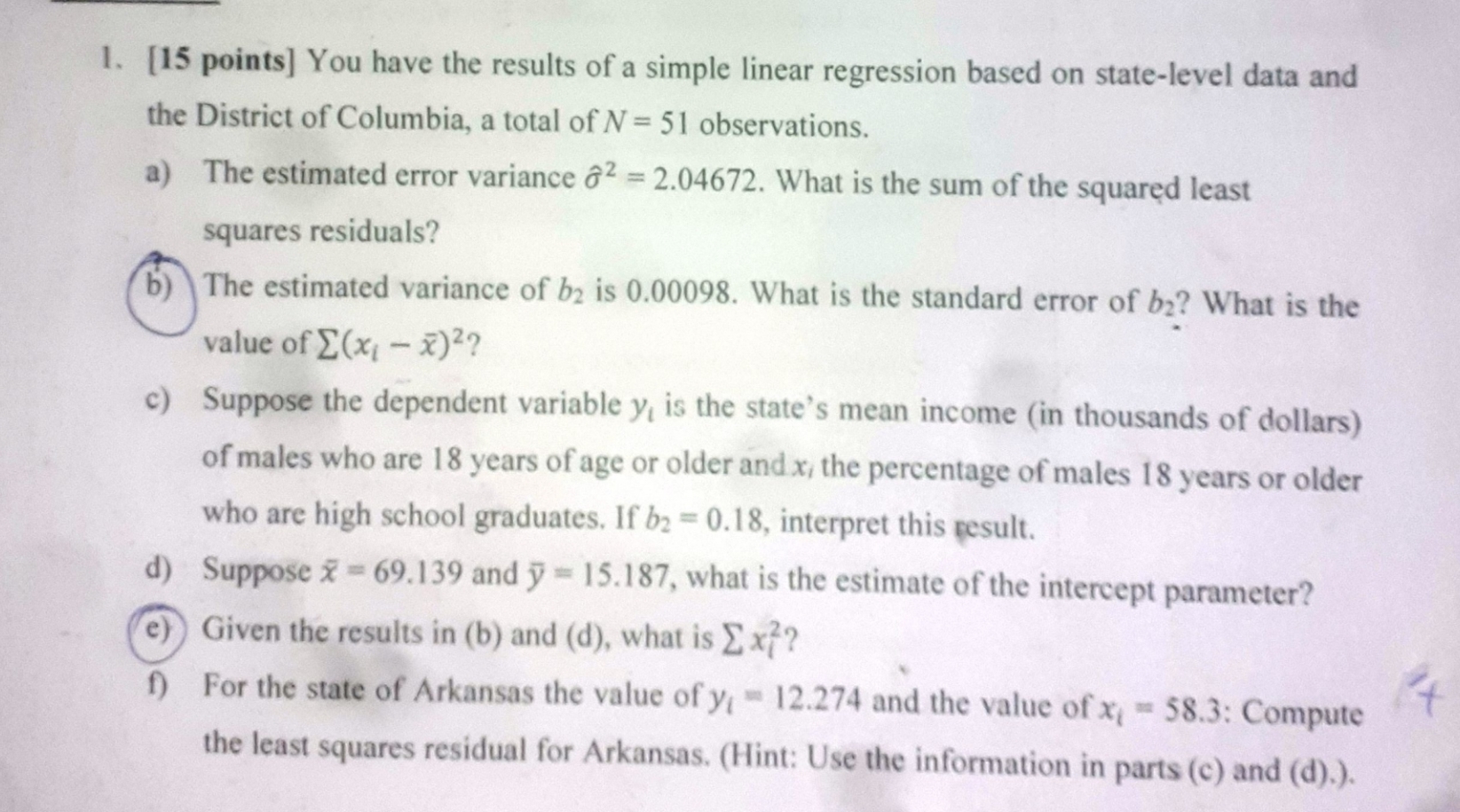 Solved [15 ﻿points] ﻿You have the results of a simple linear | Chegg.com