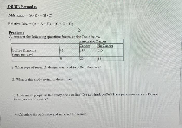 Solved OR/RR Formulas Odds Ratio =(A×D)÷(B×C) Relative Risk | Chegg.com