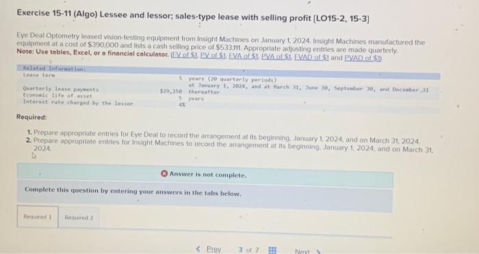 Solved Exercise 15-11 (Algo) Lessee and lessor; sales-type | Chegg.com