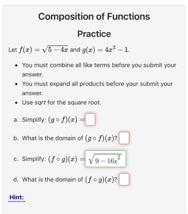 Solved Composition of Functions Practice Let f(x)=5−4x and | Chegg.com