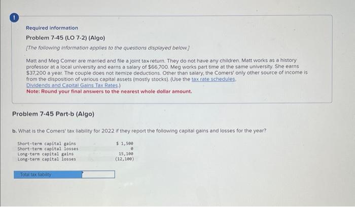 Solved Required information Problem 7.45 (LO 7-2) (Algo) | Chegg.com