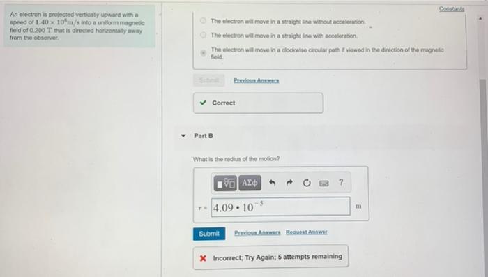 Solved An electron is projected vertically upward with a | Chegg.com