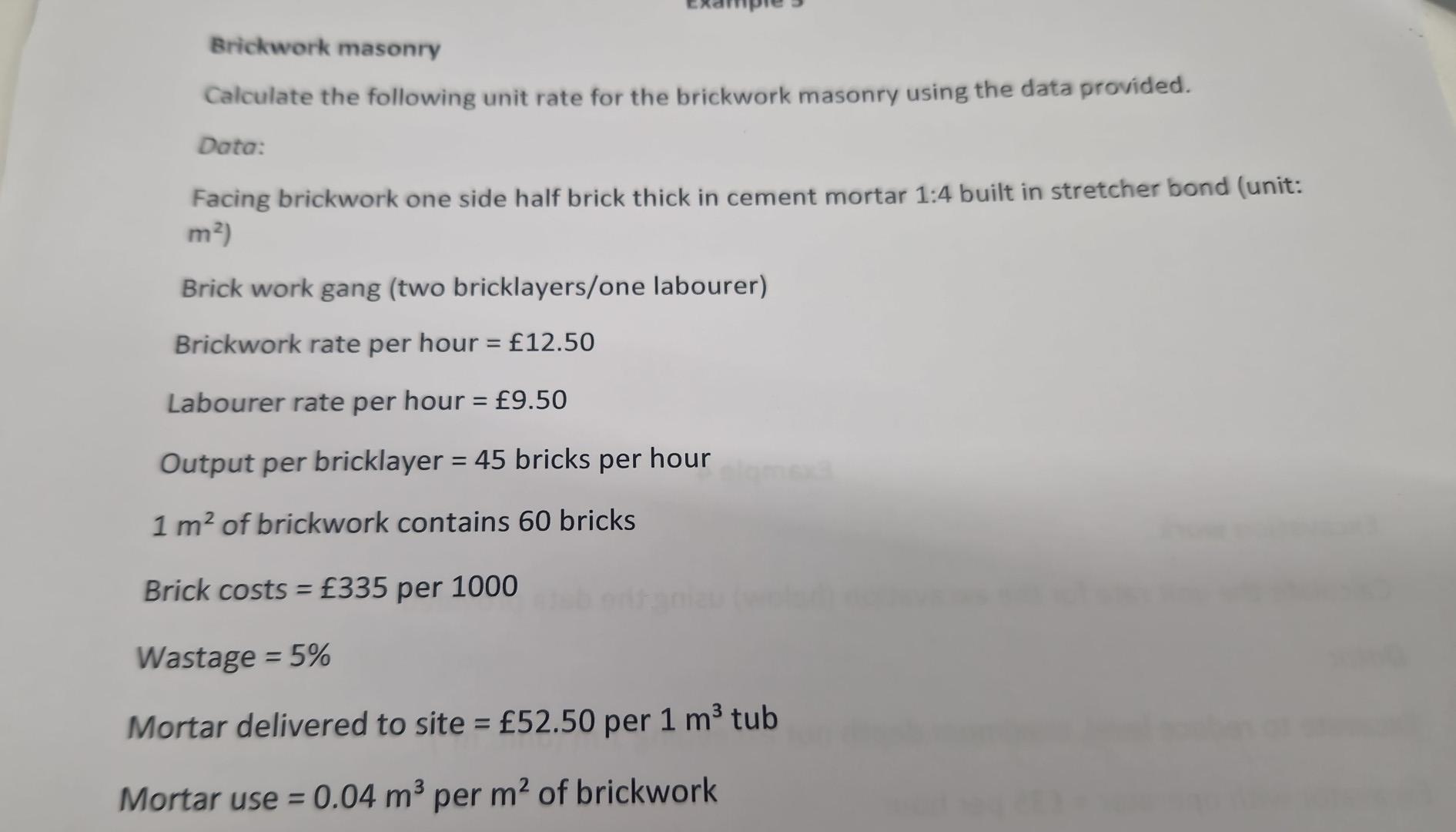 Solved Brickwork masonry Calculate the following unit rate | Chegg.com