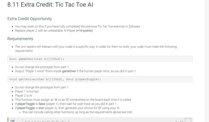Solved 8.11 Extra Credit: Tic Tac Toe AL Extra Credit | Chegg.com