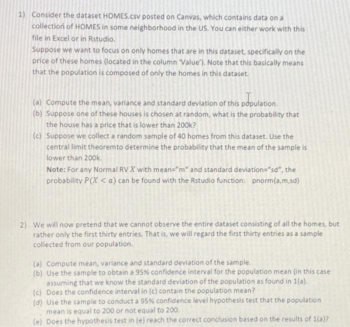 Solved 1) Consider the dataset HOMES.csv posted on Canvas, | Chegg.com